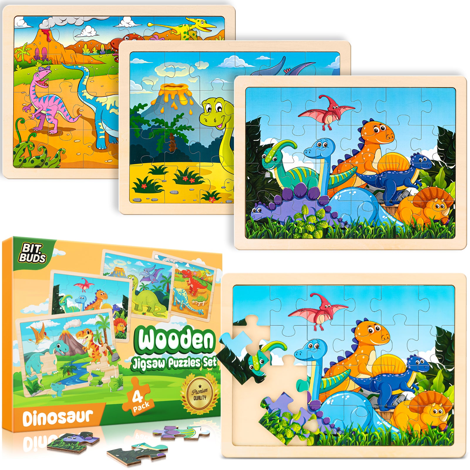 Bitbuds Wooden Dinosaur Puzzles for Kids Ages 3 4 5 6 Year Old Boys Gi ...